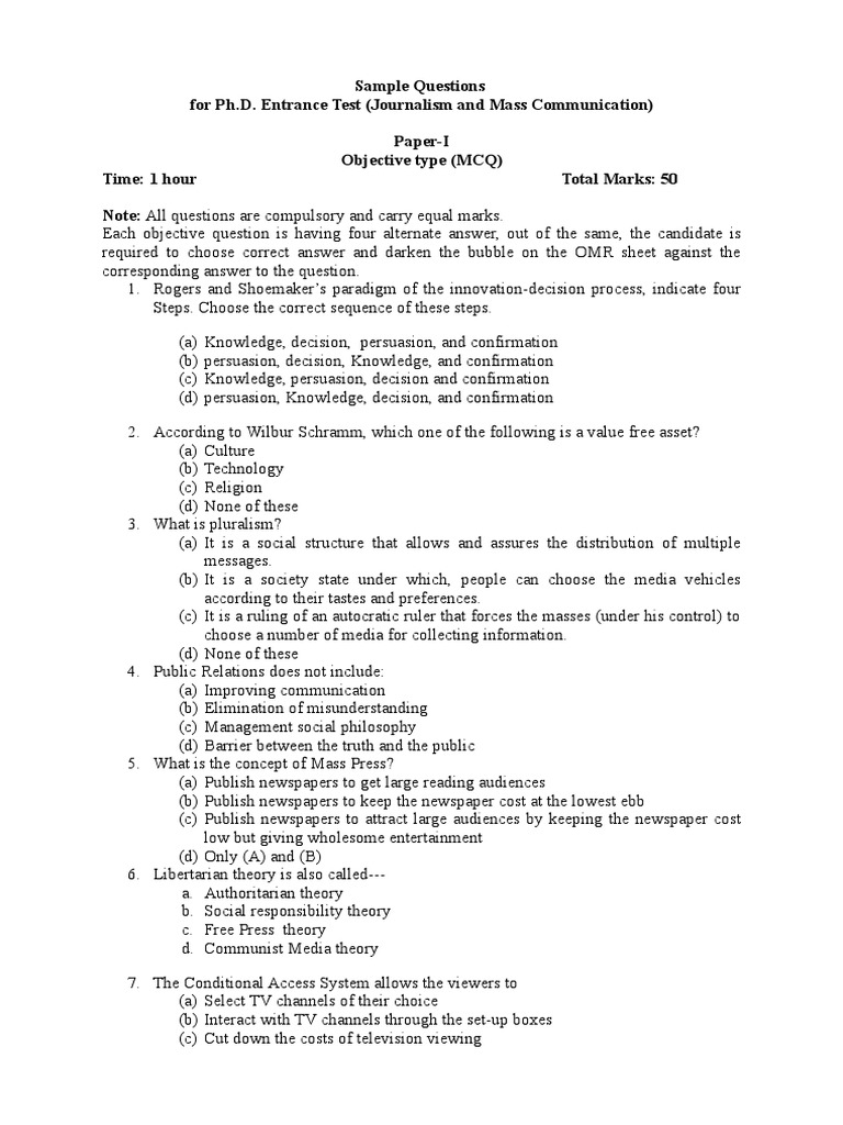Sample Questions For Ph.D. Entrance Test (Journalism and Mass ...