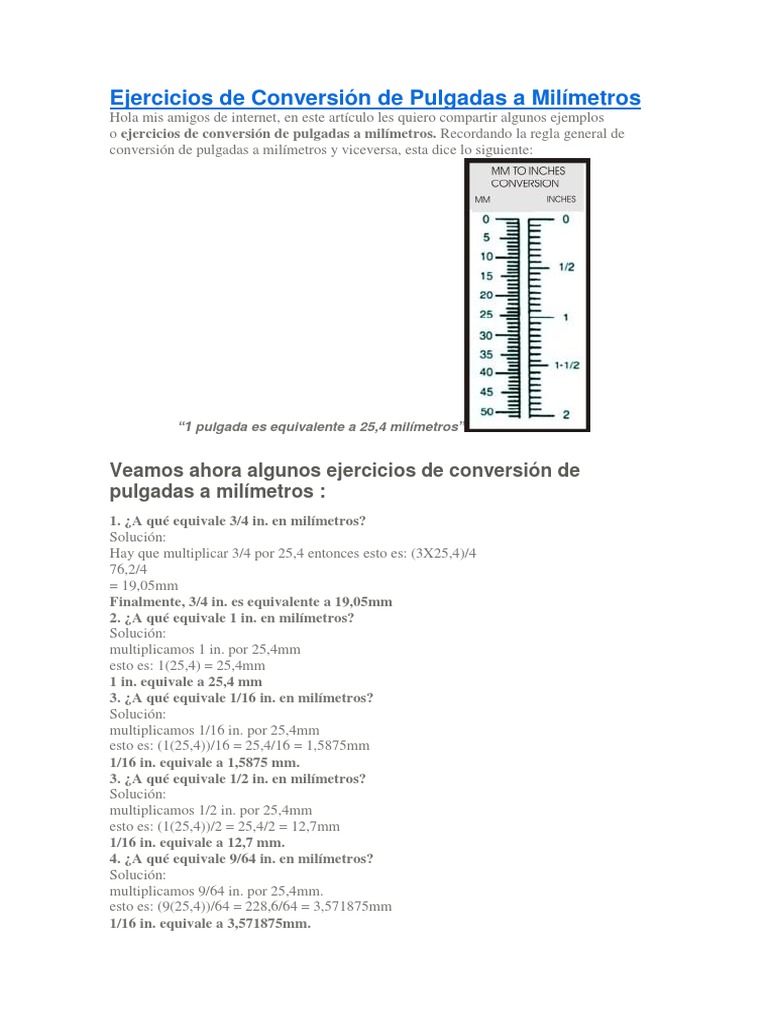 Ejercicios de Conversión de Pulgadas A Milímetros | PDF | Pulgada ...