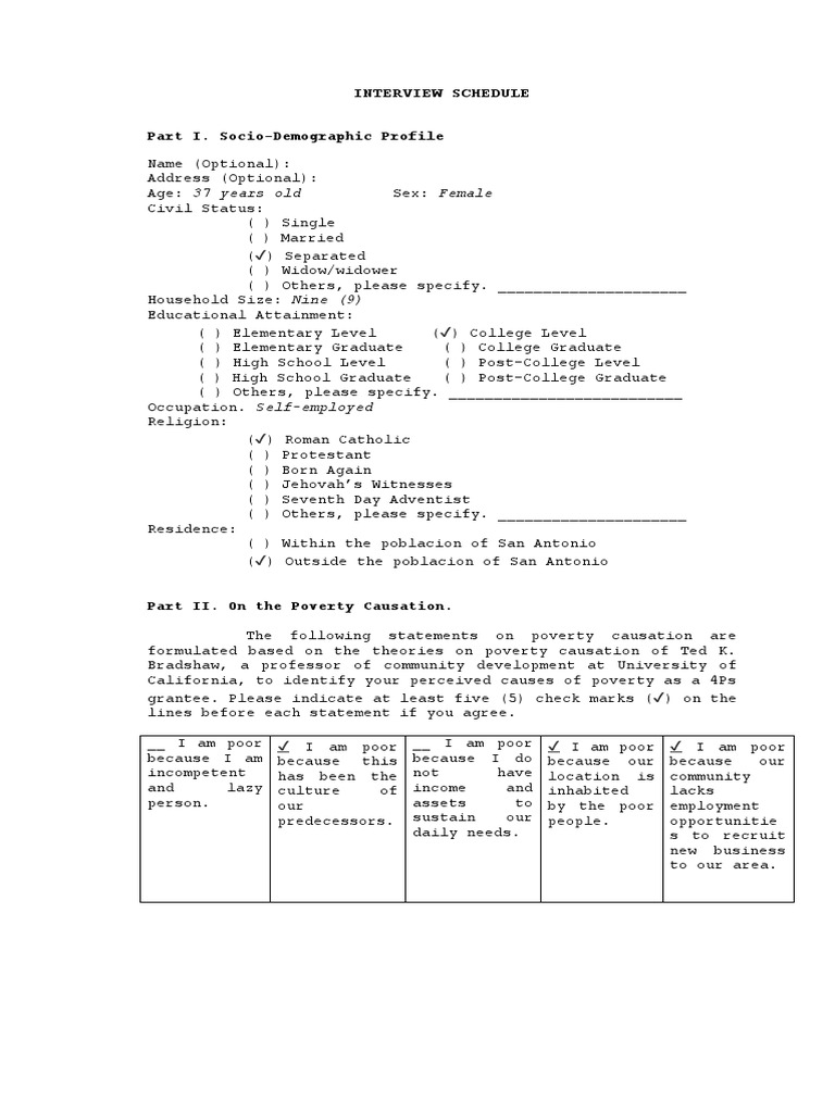 Part I. Socio-Demographic Profile: Interview Schedule | PDF | Poverty ...