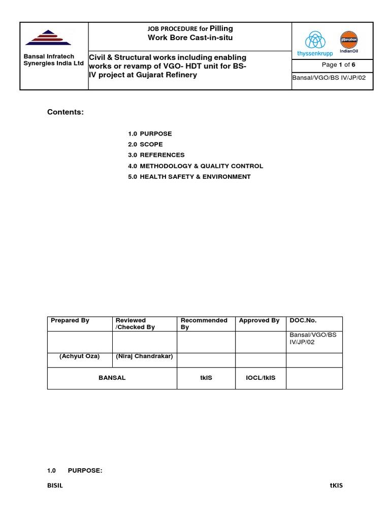 Job Procedure Pilling Work | Download Free PDF | Deep Foundation | Concrete