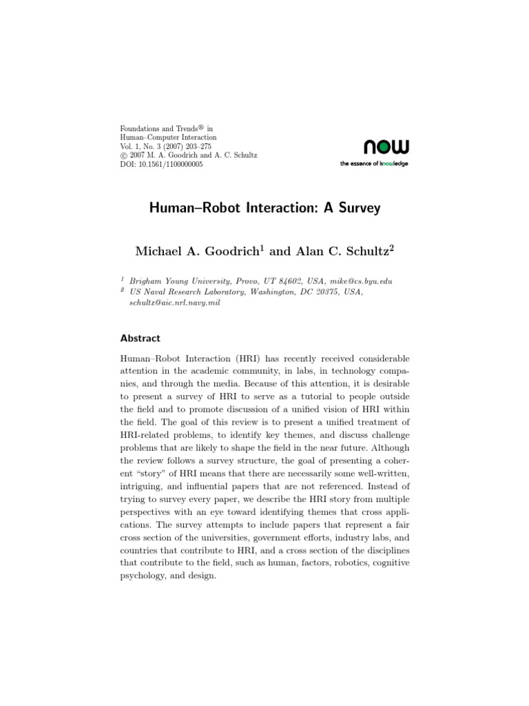 Human-Robot Interaction: A Survey: Michael A. Goodrich and Alan C ...