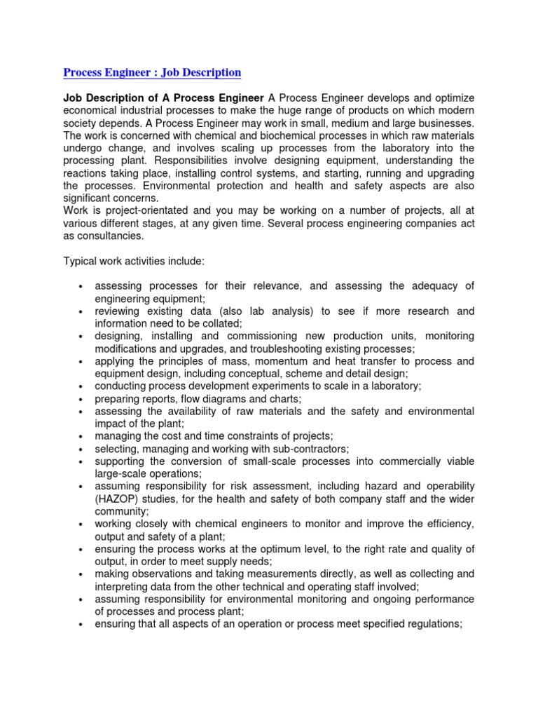 Process Engineer: Job Description | PDF | Laboratories | Safety