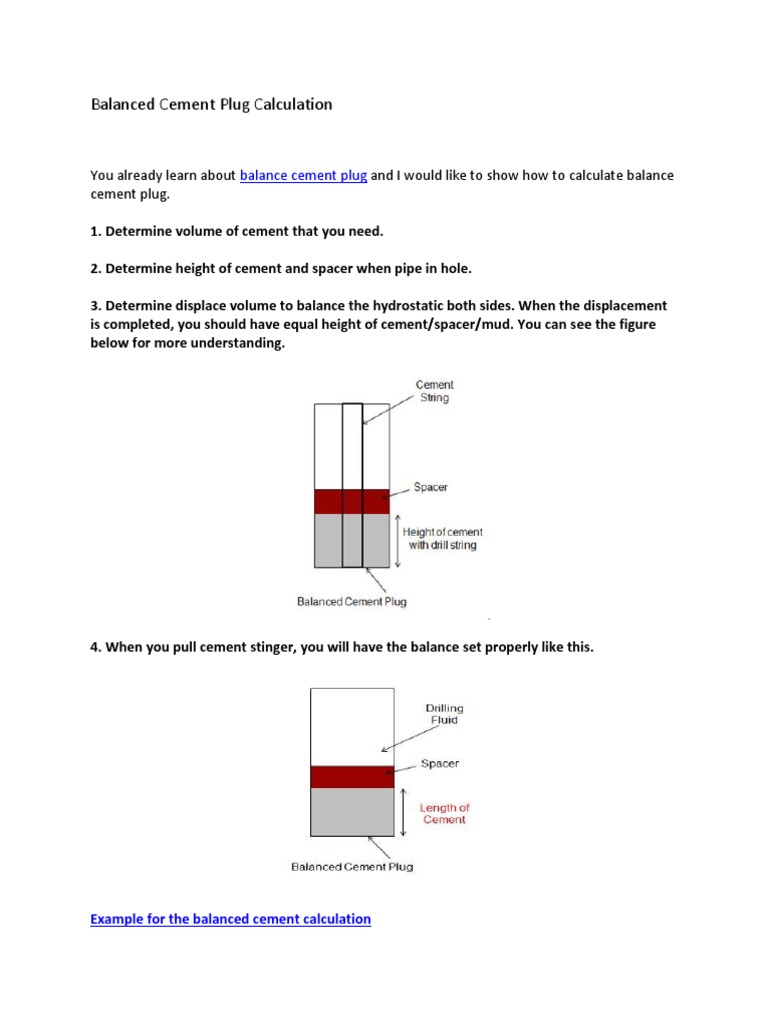 Balanced Cement Plug Calculation Guide | PDF | Volume | Casing (Borehole)