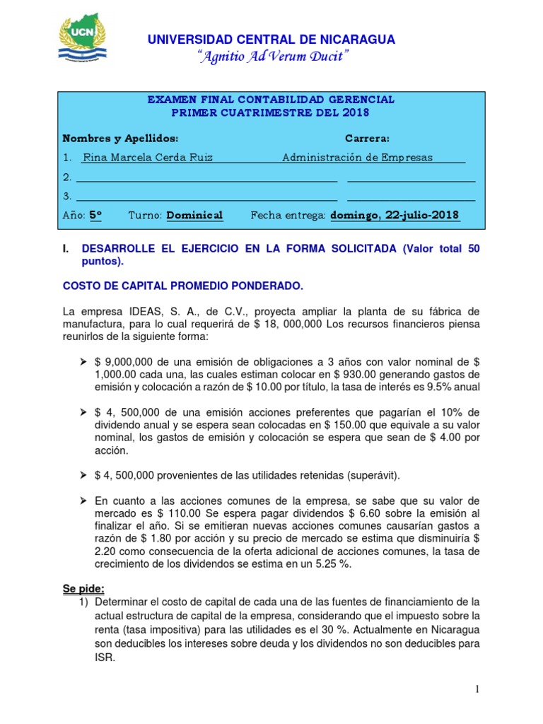 Examen Final Contabilidad Gerencial | PDF | Compartir (Finanzas) | Mercados financieros