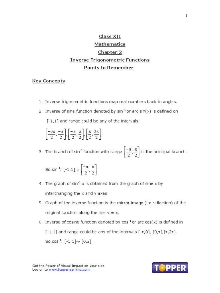 XII Math Ch2 Inverse Trigonometric Functions Chapter Notes August | PDF ...