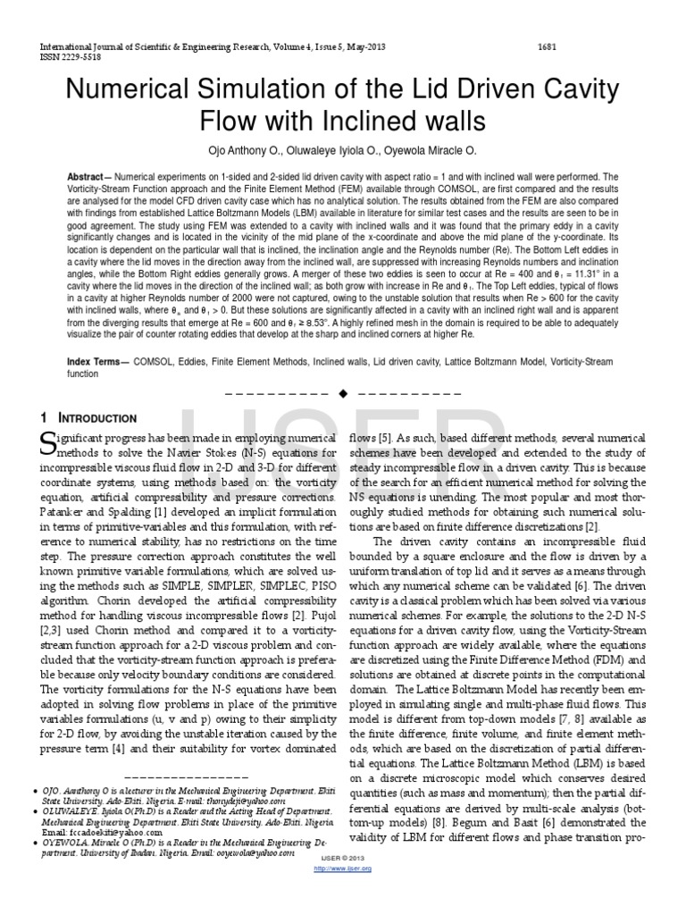 Numerical Simulation of The Lid Driven Cavity Flow With Inclined Walls PDF | PDF | Finite ...