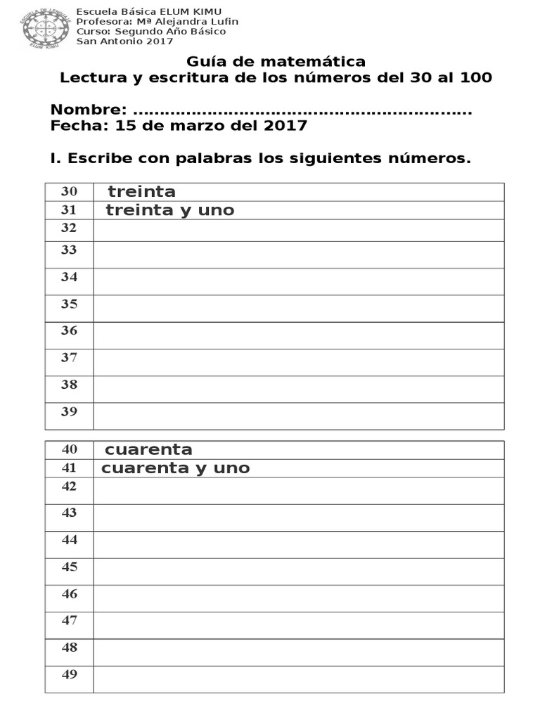 Guia de Escritura y Lectura de Numeros Del 30 Al 100 | PDF | Deportes