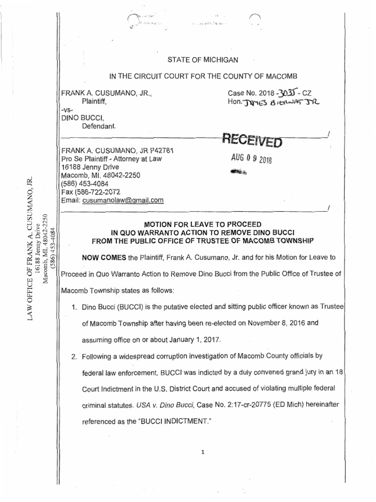 Motion For Leave To Proceed in Quo Warranto Action To Remove Dino Bucci ...
