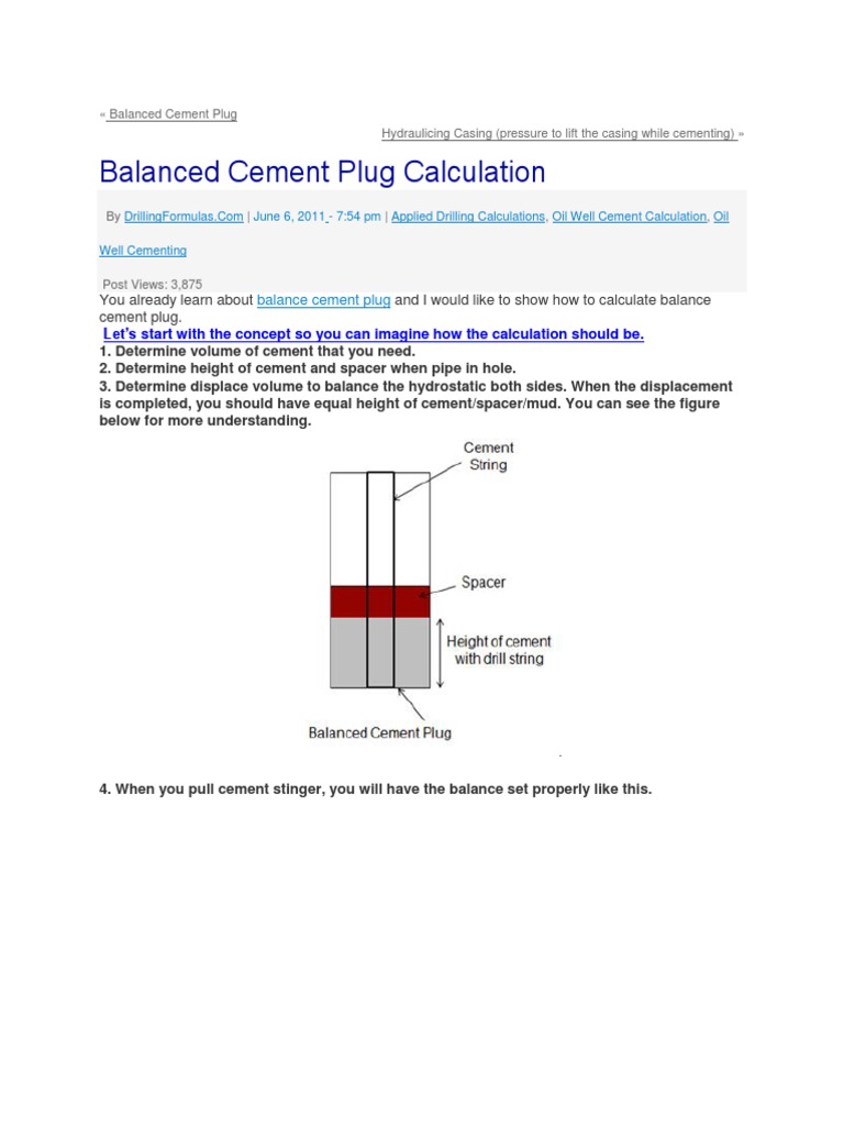 Balanced Cement Plug | PDF | Casing (Borehole) | Volume
