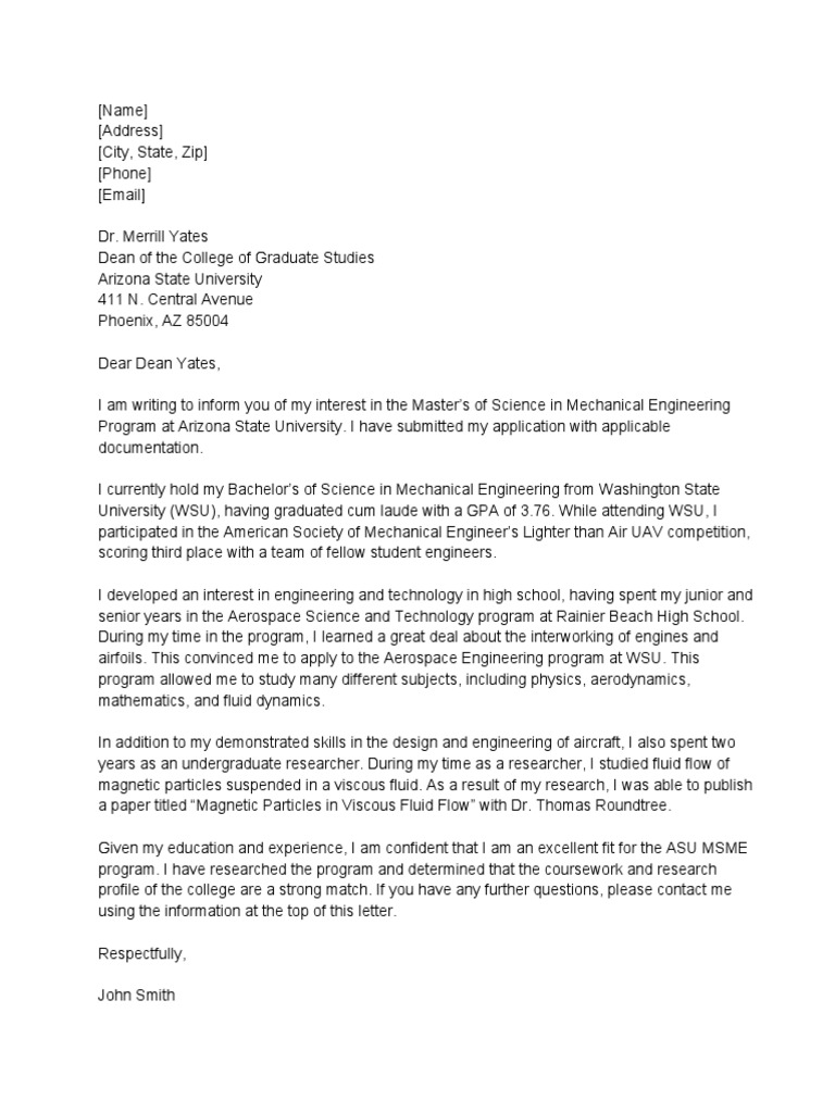 Letter of Intent For Graduate Program | PDF