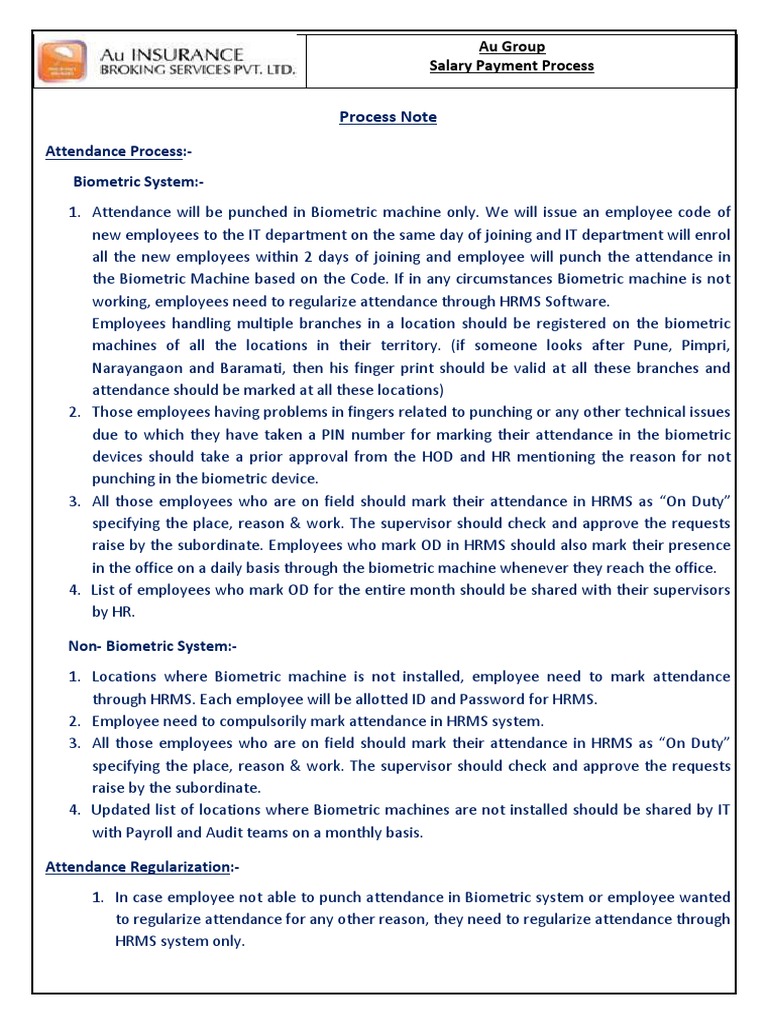 HR Payroll Process Note | Payroll | Human Resource Management