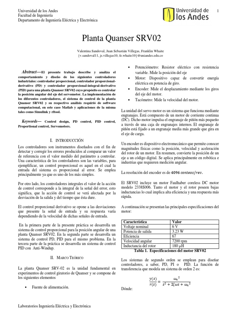 Planta Quanser SRV02 | PDF | Engranaje | Fuerza