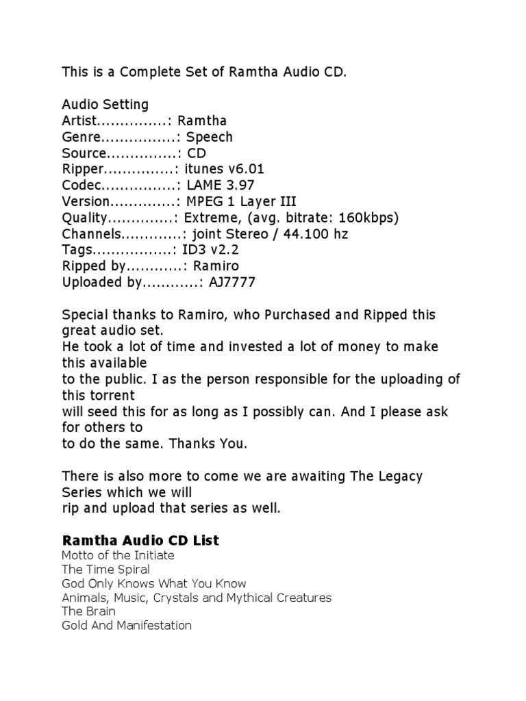 Complete Ramtha CD List | PDF | Mind | Soul