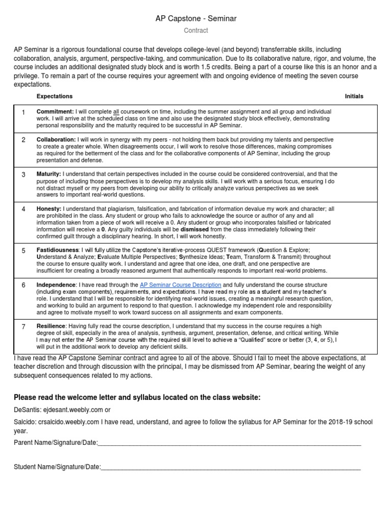 AP Seminar Course Expectations Contract | PDF | Teachers | Question