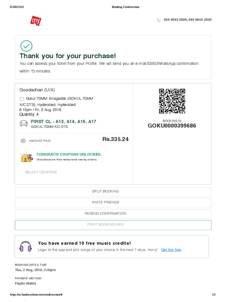 Book movie tickets confirmation for Goodachari | PDF