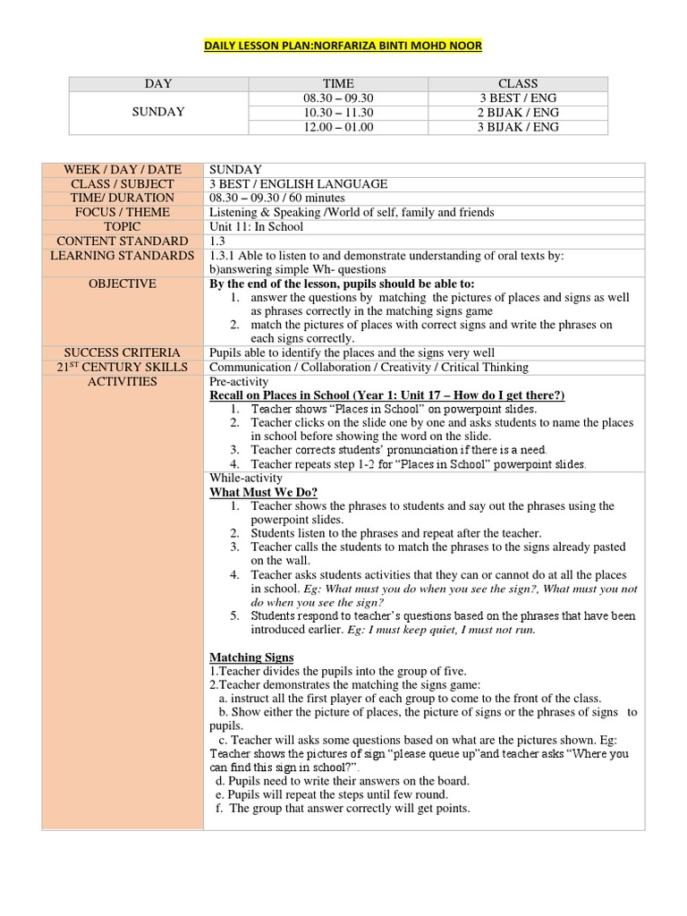Lesson Plan Year 3 (In School) | PDF | Lesson Plan | Question