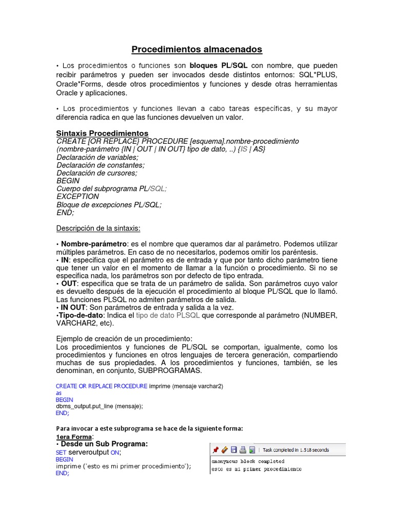 Procedimientos y funciones almacenados en PL/SQL: Creación, parámetros ...