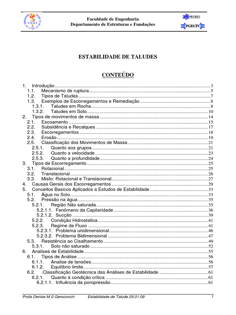 Denise Gerscovich Estabilidade de Taludes PDF | PDF | Erosão | Tensão superficial