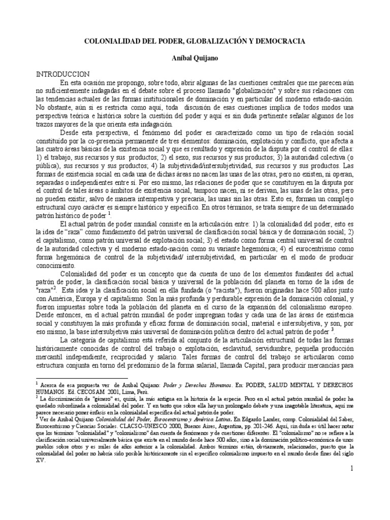 Anibal Quijano - Colonialidad Del Poder, Globalización y Democracia ...