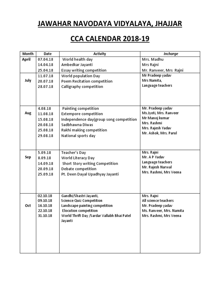 Cca Calander 2018-19 | PDF