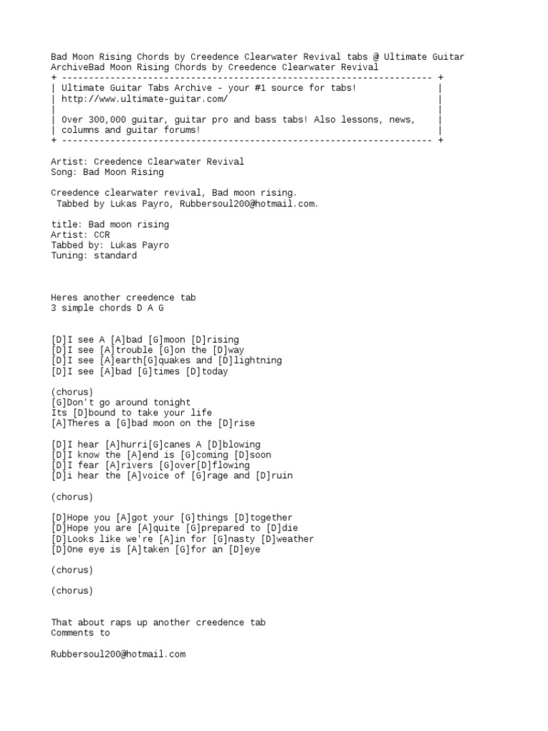 Bad Moon Rising Chords by Creedence Clearwater Revival Tabs at Ultimate ...
