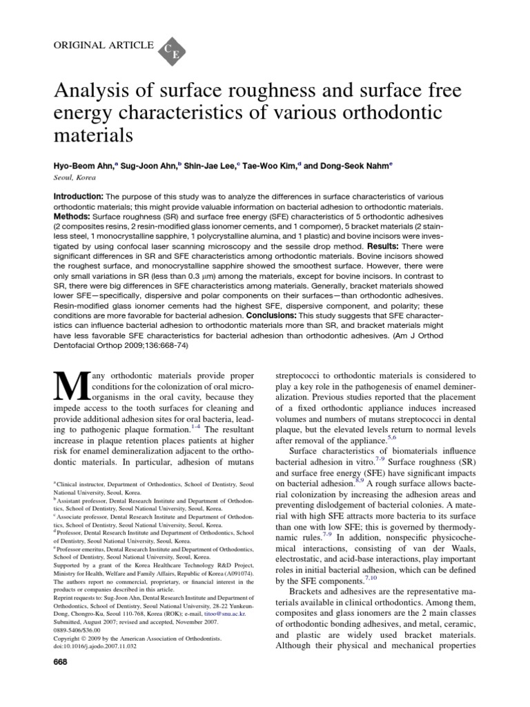 Analysis of Surface Free Energy Ortho | PDF | Orthodontics | Adhesion