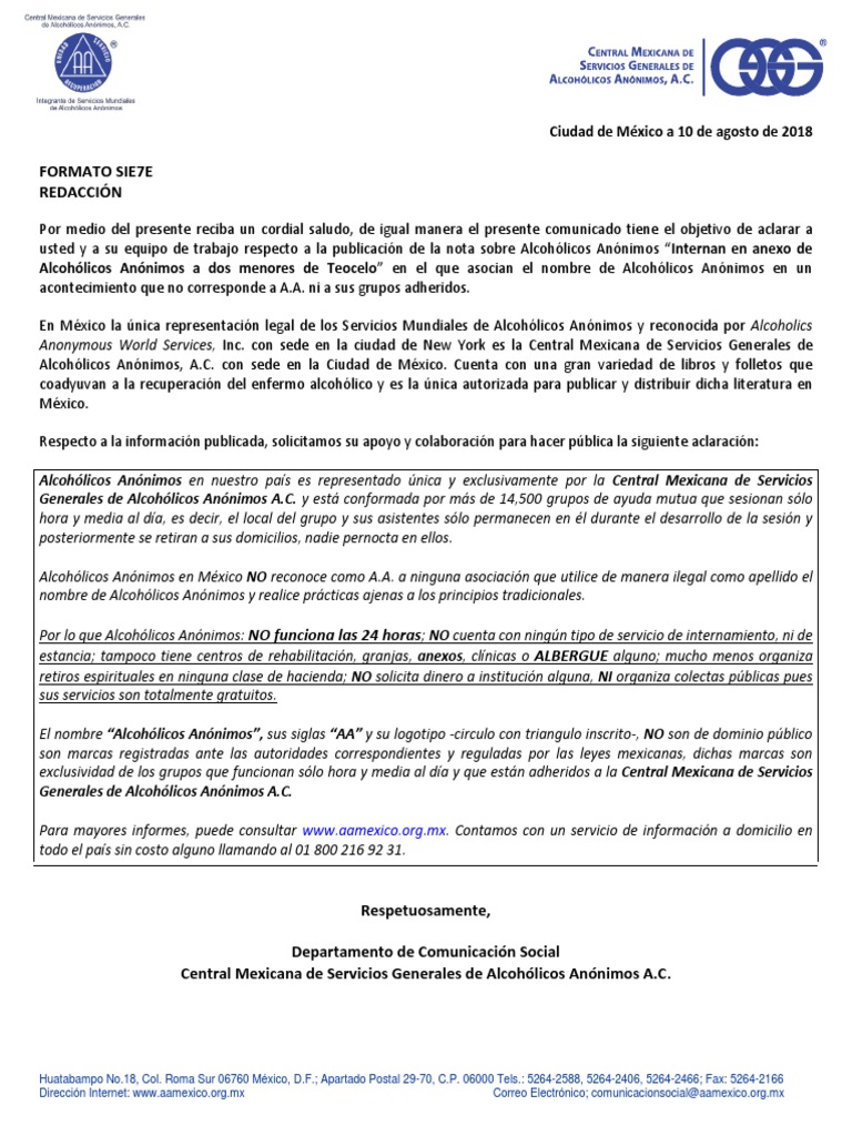Carta Aclaratoria de Alcohólicos Anónimos | PDF | alcoholicos anonimos | Ciudad de México