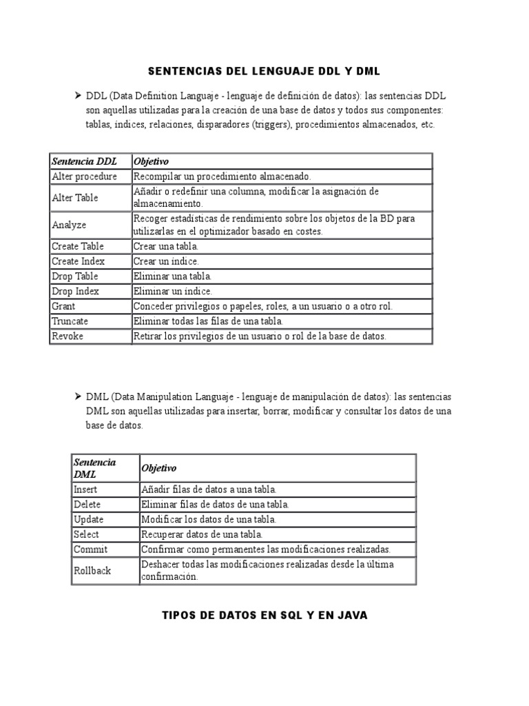 Sentencias Del Lenguaje DDL y DML | PDF