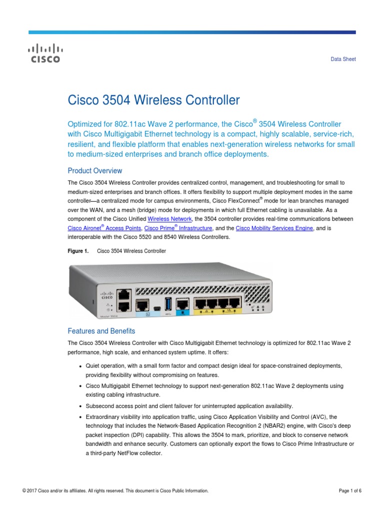 Cisco 3504 Wireless Controlller Datasheet | PDF | Radius | Transport Layer Security