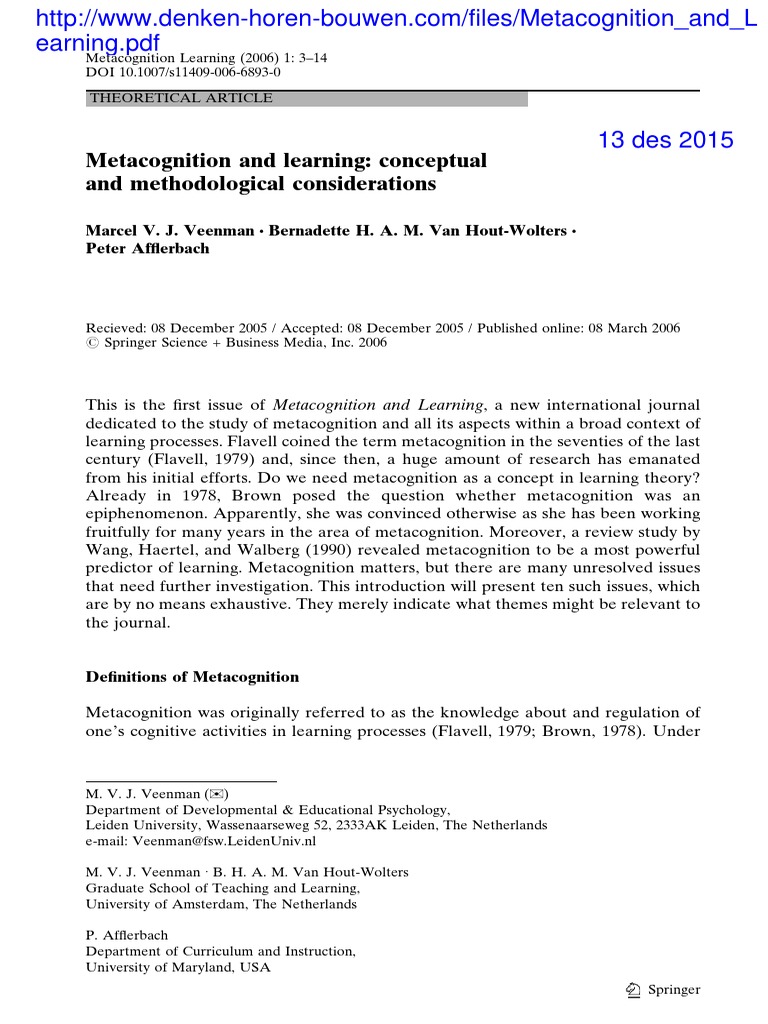 Metacognition and Learning: Conceptual and Methodological Considerations | PDF | Metacognition ...