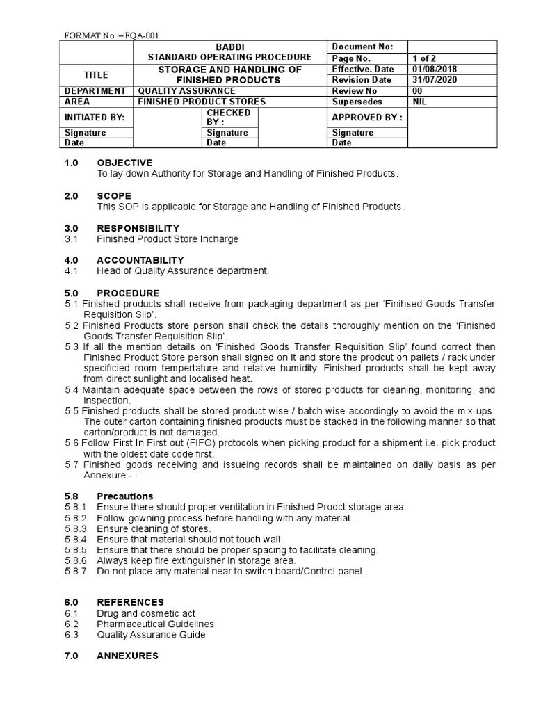 Finished Products Storage SOP | PDF | Business