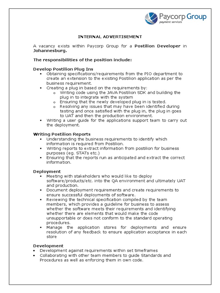 Postilion Developer Vacancy at Paycorp | PDF | Specification (Technical ...