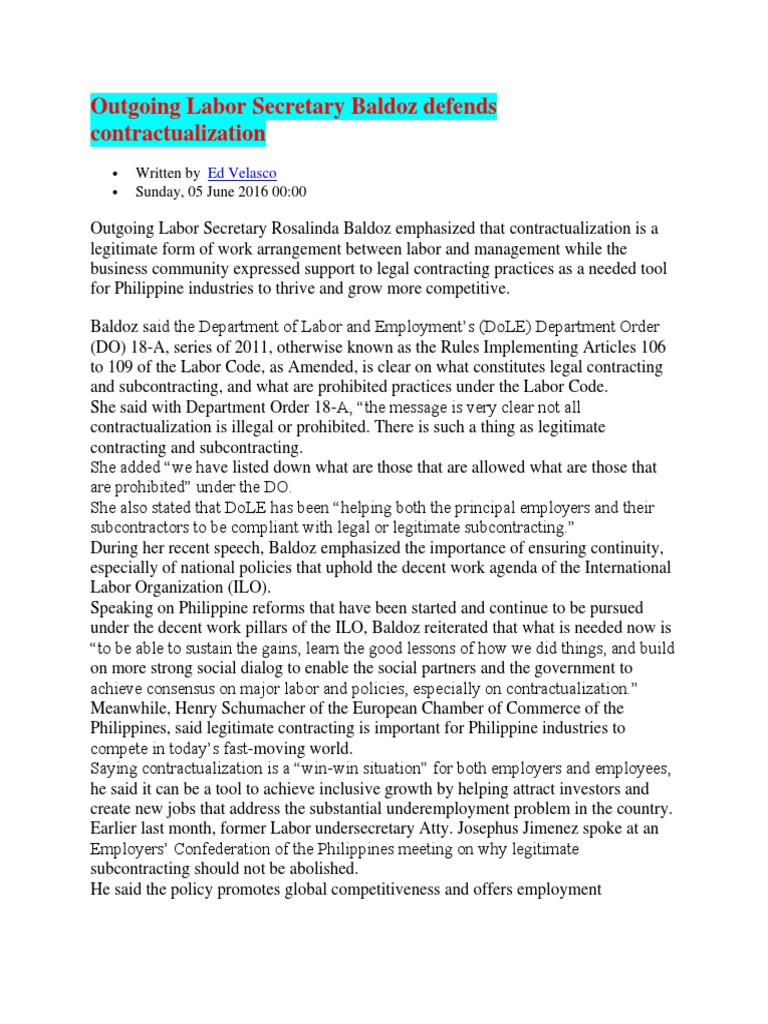Baldoz Defends Contractualization in PH | PDF | Trade Union | Employment