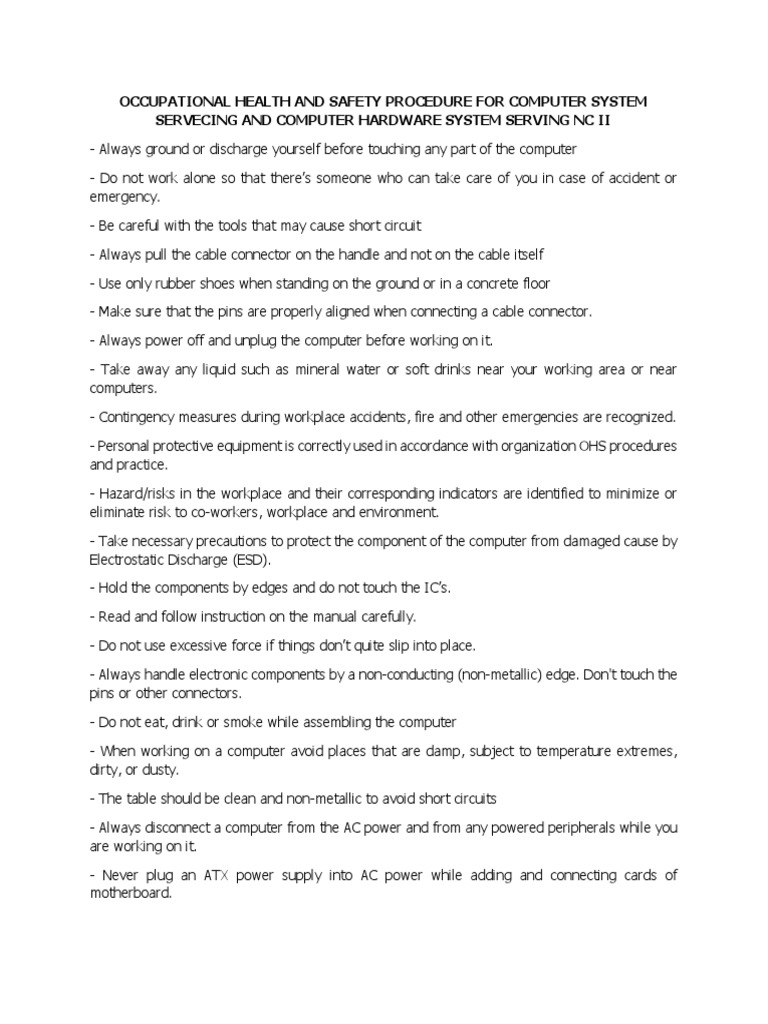 Occupational Health and Safety Procedure For Css Chslab Room | PDF