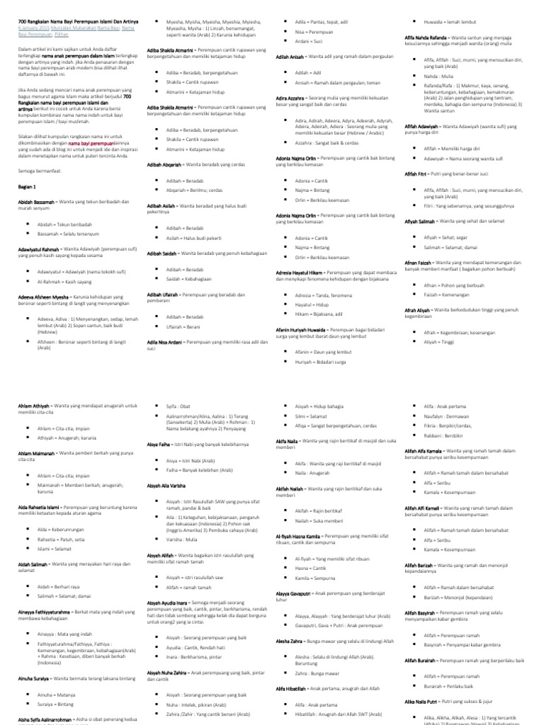 700 Rangkaian Nama Bayi Perempuan Islami Dan Artinya | PDF