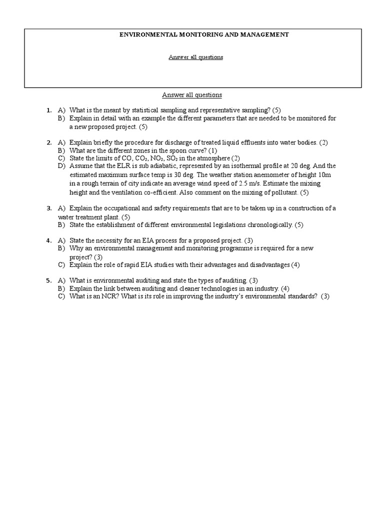 Environmental Monitoring and Management Practice Questions | PDF