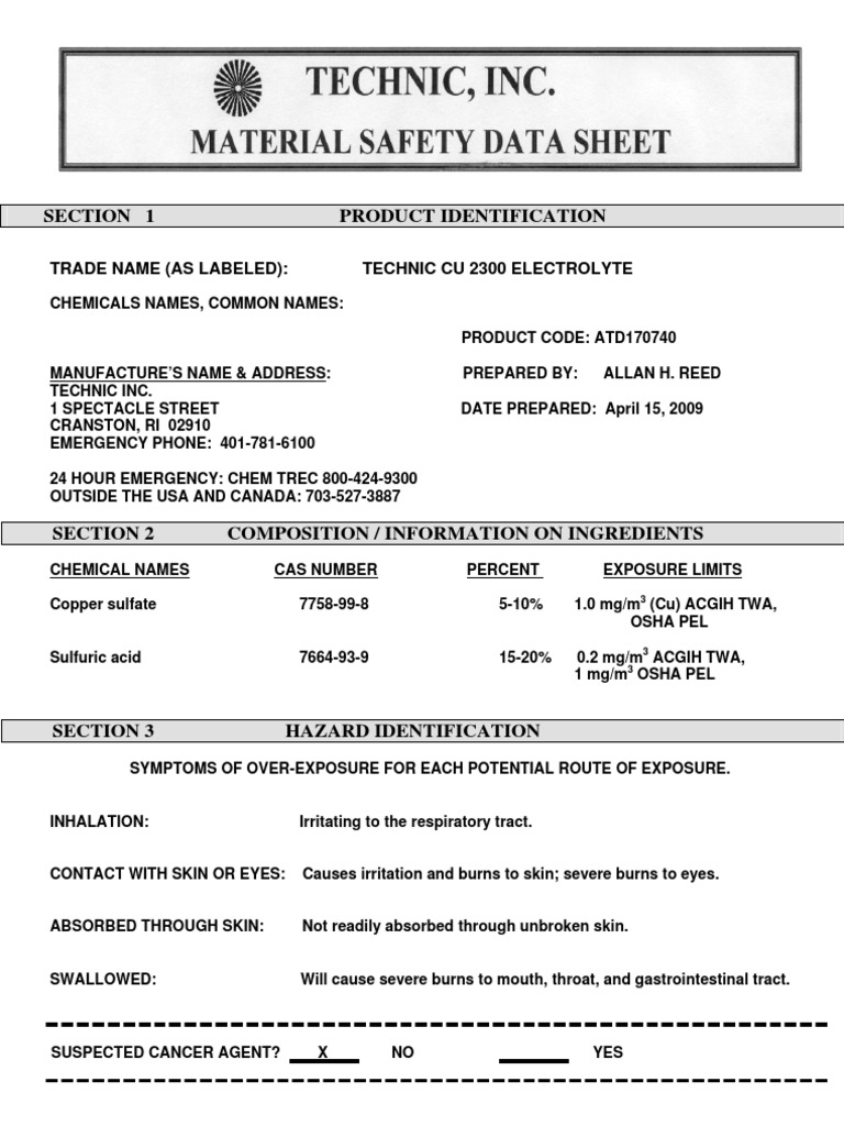 2300 Cu Bath MSDS | PDF | Firefighting | Copper