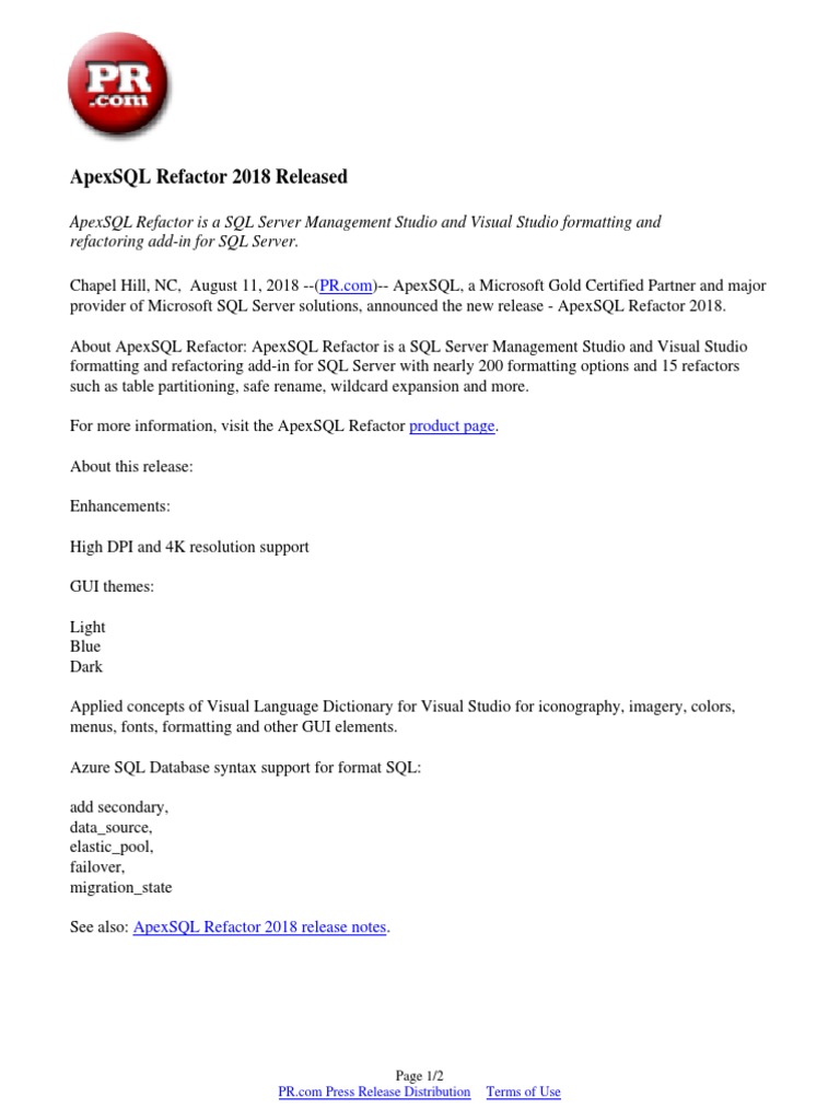 ApexSQL Refactor 2018 Released | PDF | Microsoft Visual Studio ... ApexSQL Refactor 2018 Released | PDF | Microsoft Visual Studio ...
