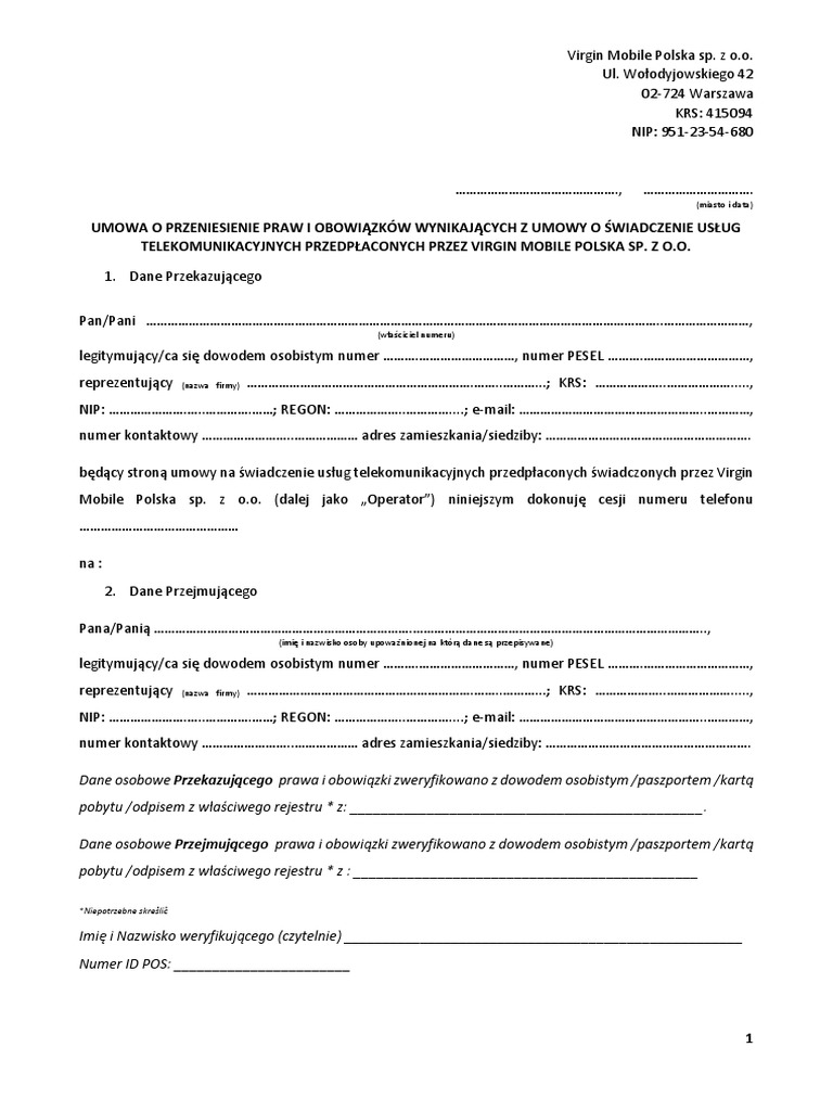 Cesja Wzór Umowy o Przeniesieniu Praw I Obowiązków | PDF