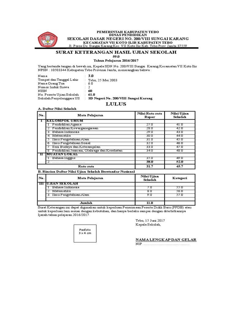 Surat Keterangan Hasil Ujian SD 2017 | PDF