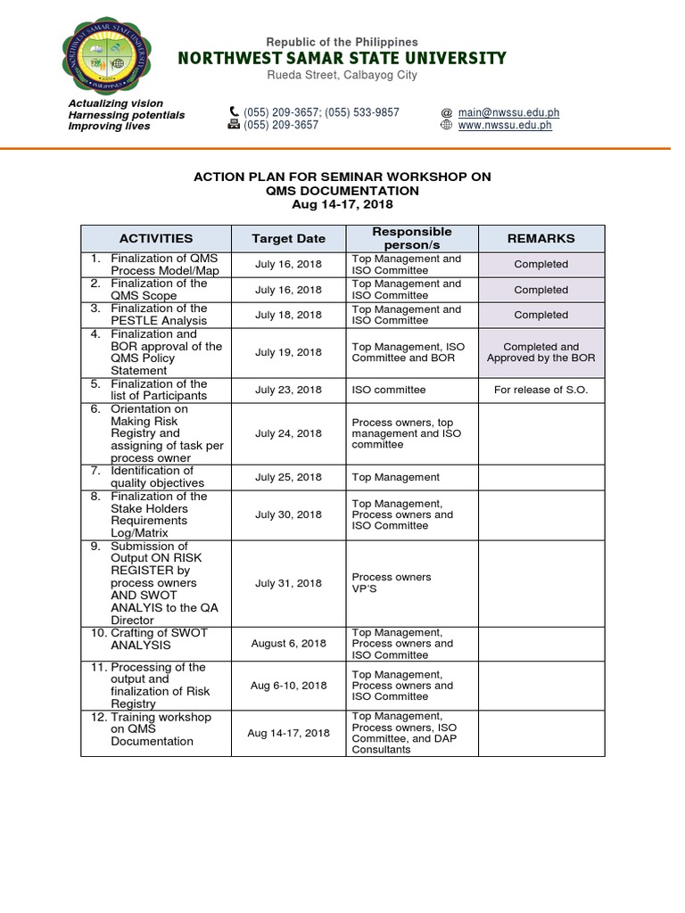 Action Plan For Seminar Workshop On Qms Documentation | PDF ...