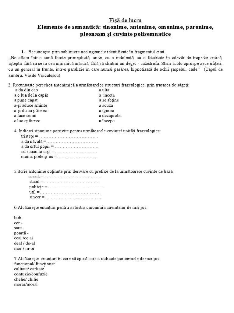 Fisa Semantica - Sinonime, Antonime, Omonime, Paronime, Pleonasm Si Cuvinte Polisemnatice | PDF