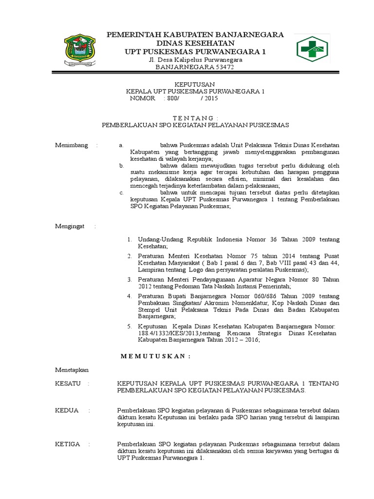 SK Pemberlakuan Spo Kegiatan Pelayanan Puskesmas | PDF