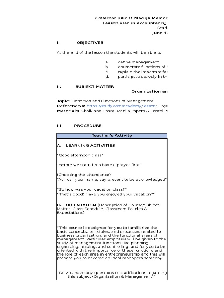 Detailed Lesson Plan-Evolution of Management Theories | PDF | Human ...