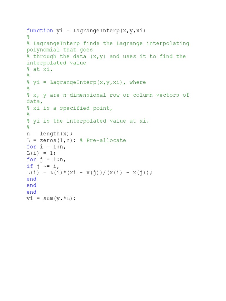 Function: Yi Lagrangeinterp (X, Y, Xi) | PDF