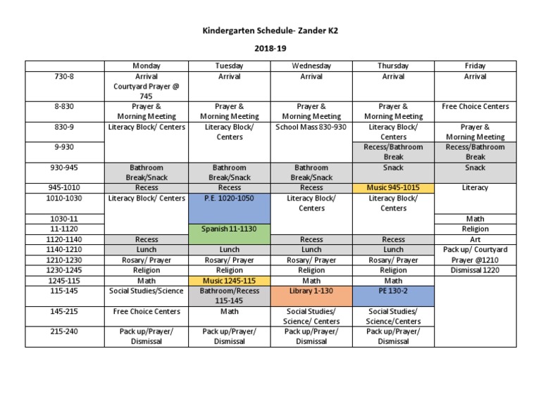 Kindergarten Class Schedule 2018-19 | PDF | Schools | Behavior Modification