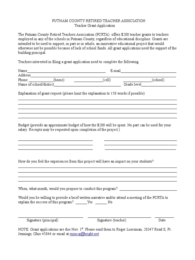 Pcrta Active Teacher Grant Application Form | PDF | Teachers | Behavior ...