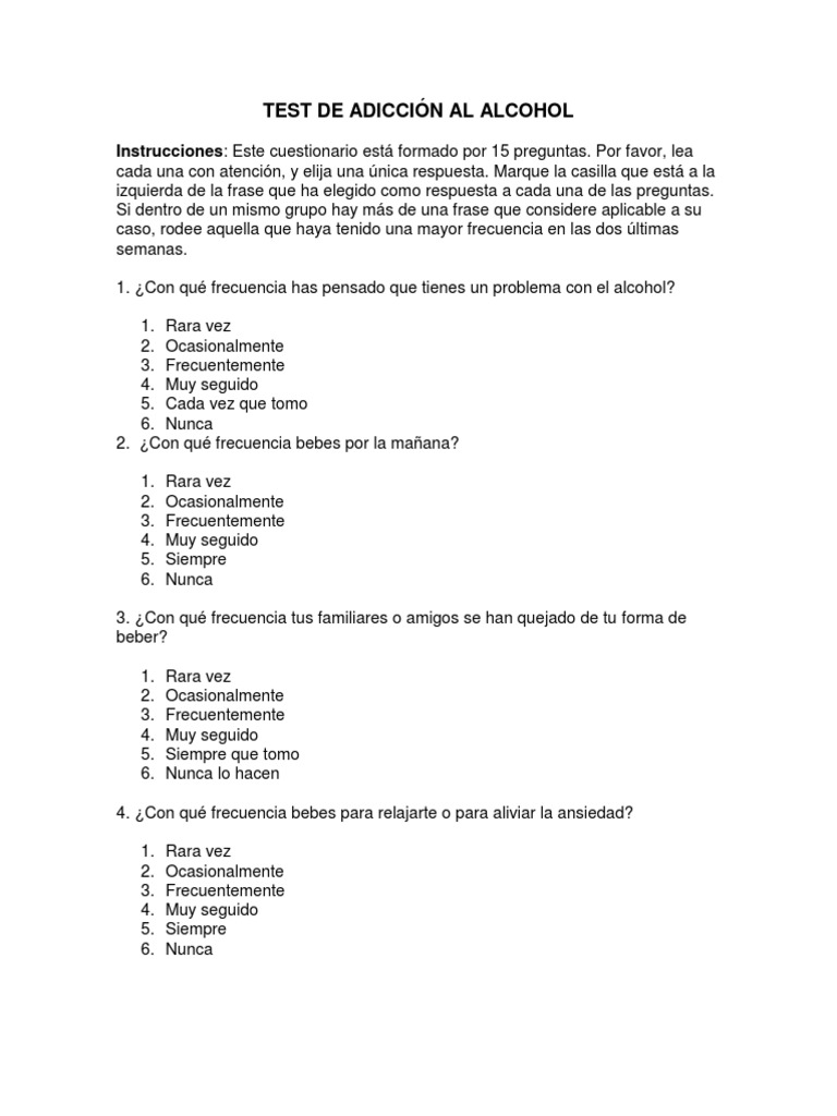 Test de Adicción al Alcohol: 15 Preguntas | PDF | Bebidas