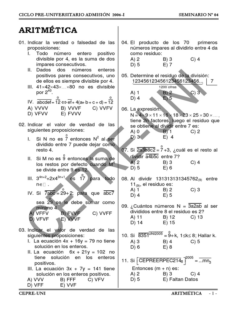 4to Seminario PRE-UNI | PDF | Número primo | División (Matemáticas)