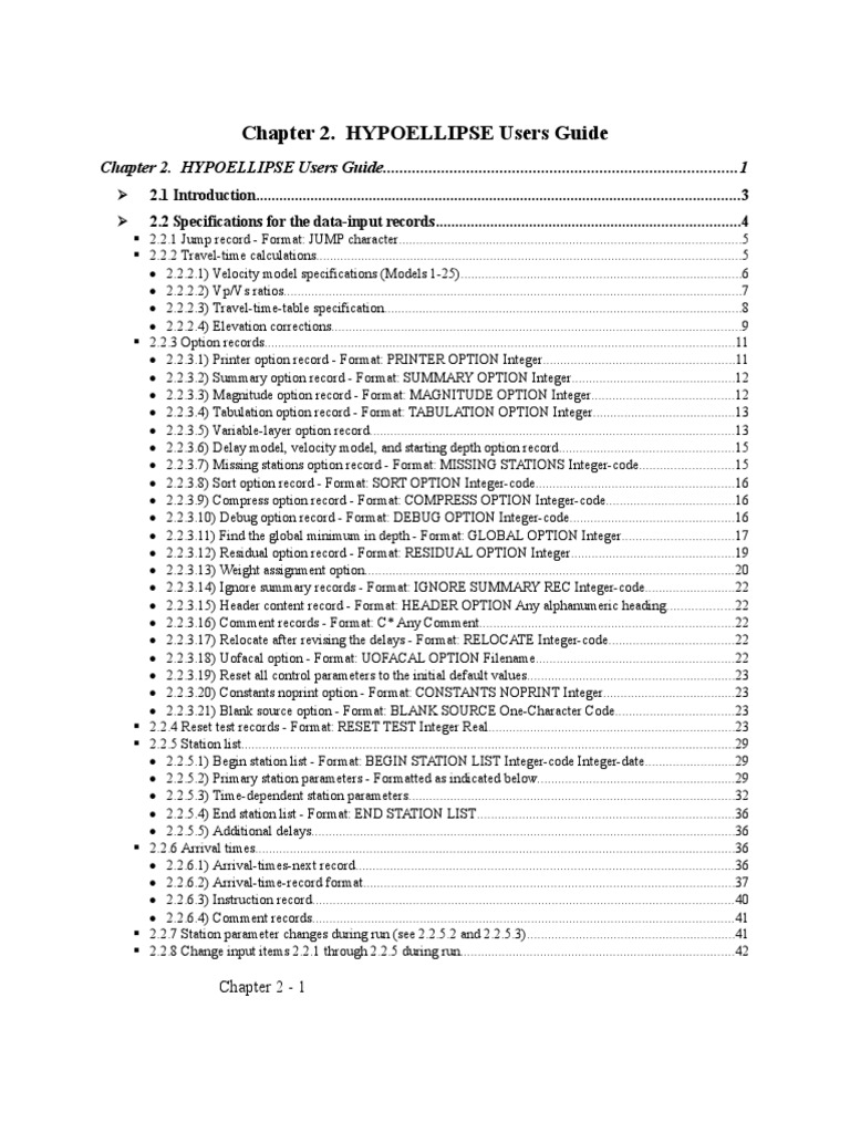 Specifications for Inputting Data and Formatting Output in the HYPOELLIPSE Earthquake Location ...